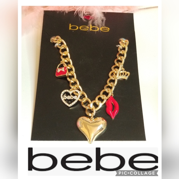bebe | Jewelry | Bebe Gold Heart And Charms On Chunky Link Gold ...